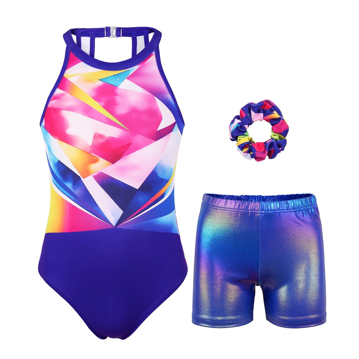 Colorful Geometry Gymnastics Leotard Open Back Outfit Set - JOYSTREAM